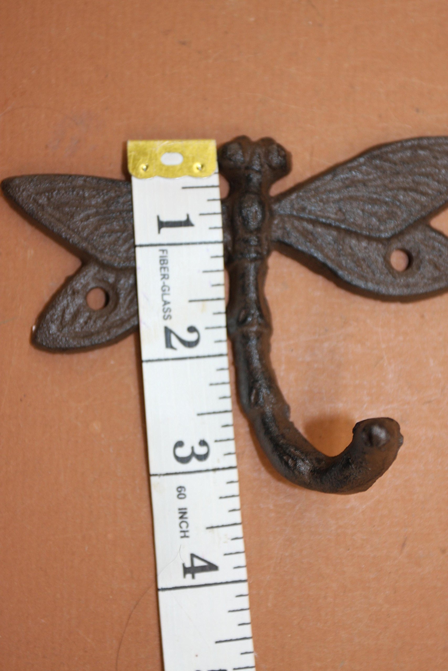 Rustic Country Dragonfly Bath Towel Hooks Powder Coat Brown Cast Iron, 3 1/4 inch Tall, H-90, Set of 2