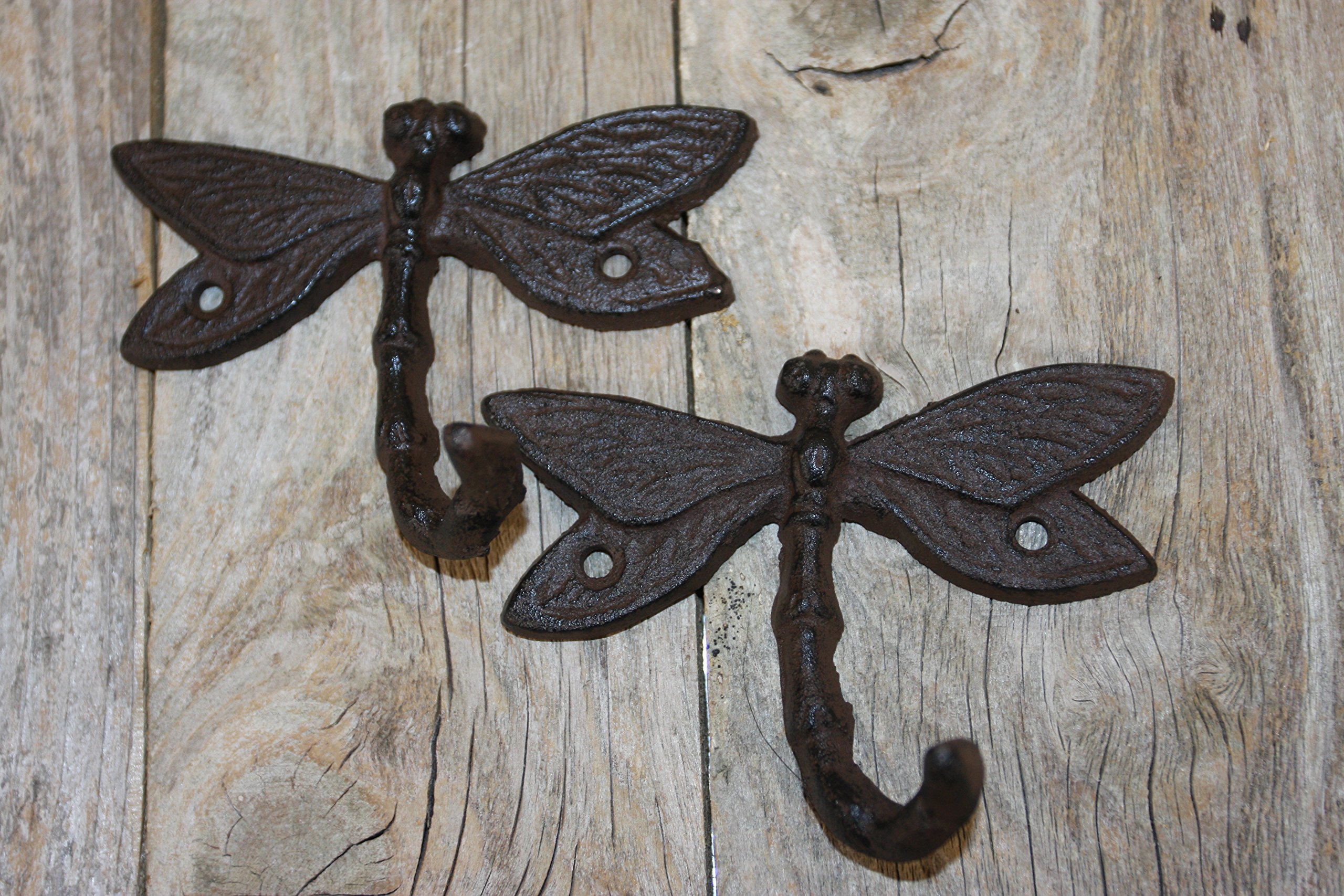 Rustic Country Dragonfly Bath Towel Hooks Powder Coat Brown Cast Iron, 3 1/4 inch Tall, H-90, Set of 2