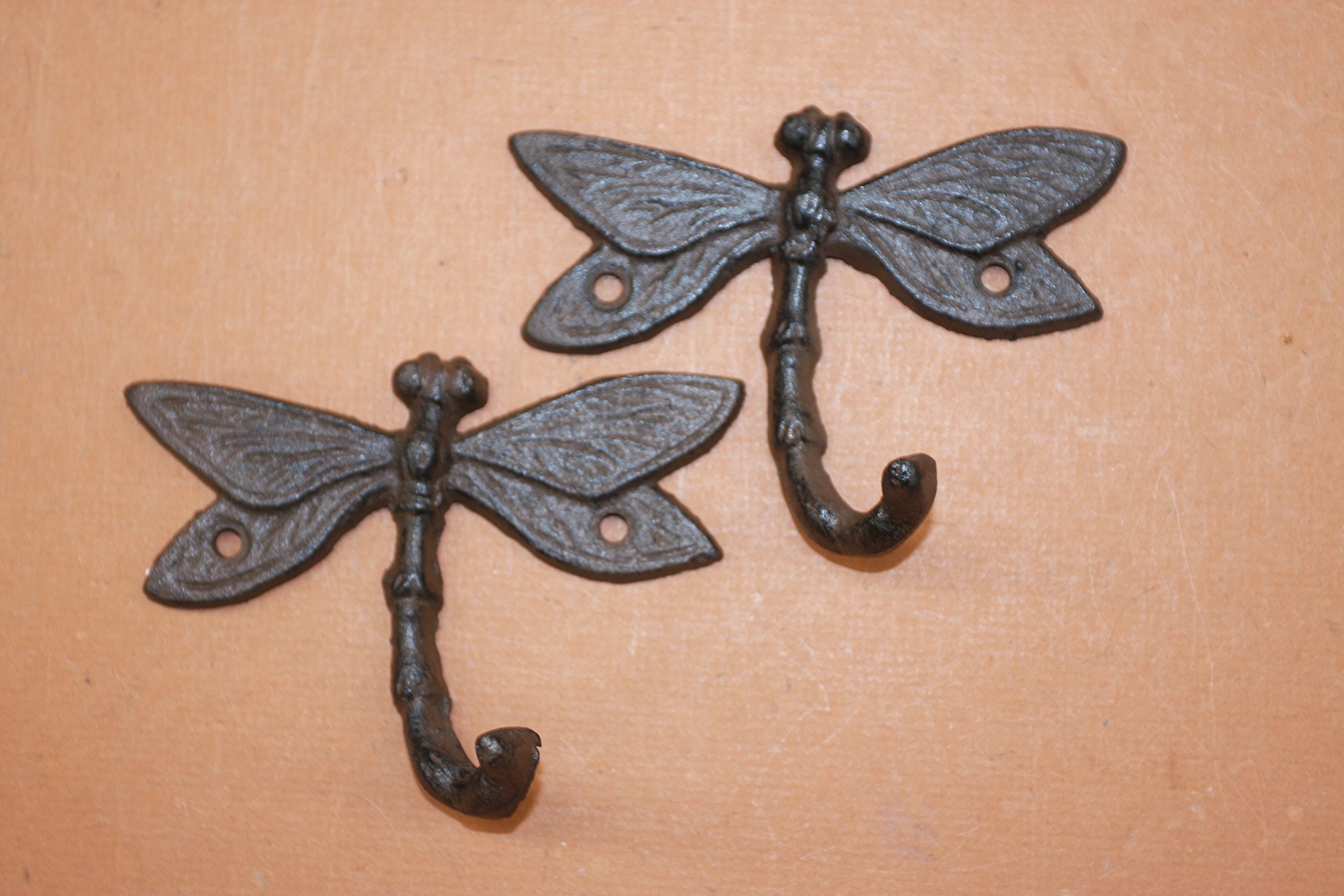 Rustic Country Dragonfly Bath Towel Hooks Powder Coat Brown Cast Iron, 3 1/4 inch Tall, H-90, Set of 2