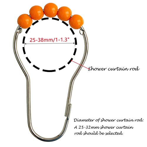 Shower Curtain Rings Hooks Decorative Acrylic Roller Balls Stainless Steel Heavy Duty for Bathroom Curtain (12pcs-Orange)