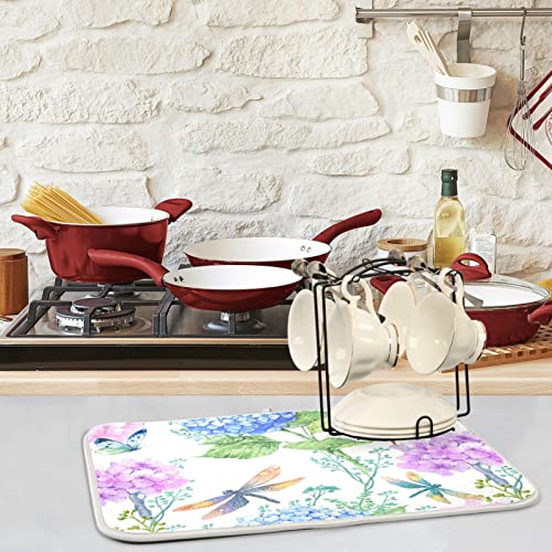 ZzWwR Beautiful Hydrangeas Dragonflies Floral 16 x 18 Inches Absorbent Dish Drying Mat Microfiber Kitchen Countertop Table Protector Multi-Purpose Counter Rack Sink Drainer Pad