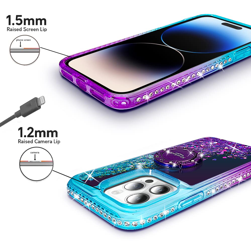 Silverback Designed for iPhone 14 Pro Case,14 Pro Phone Case with Ring Kickstand,Glitter Bling Flowing Liquid Quicksand for Women Girls Phone Case for iPhone 14 Pro,Purple