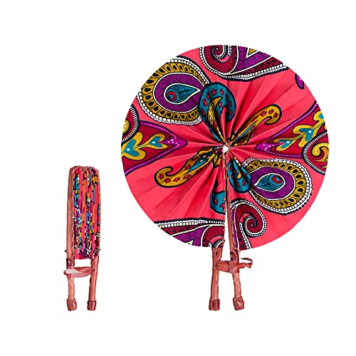 Ghana Handmade Colorful Ankara African Print Handheld Bolga Folding Fan With Leather Handles Handheld African Fabric Folding Fan (Multi 7)