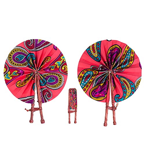 Ghana Handmade Colorful Ankara African Print Handheld Bolga Folding Fan With Leather Handles Handheld African Fabric Folding Fan (Multi 7)
