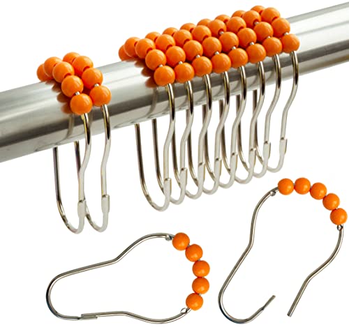 Shower Curtain Rings Hooks Decorative Acrylic Roller Balls Stainless Steel Heavy Duty for Bathroom Curtain (12pcs-Orange)