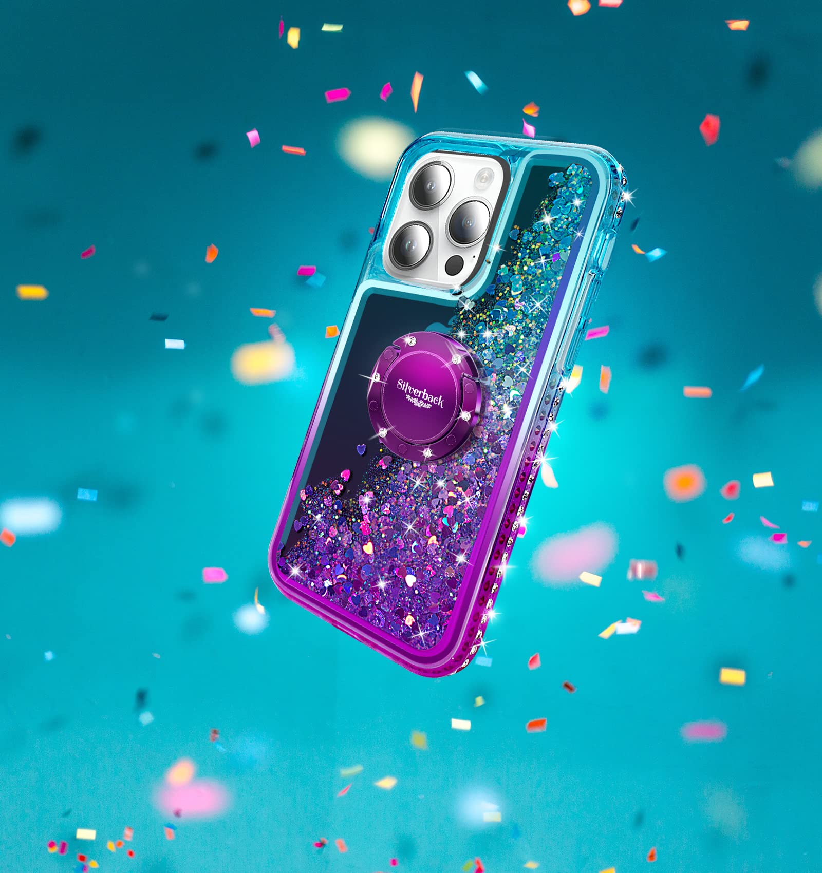 Silverback Designed for iPhone 14 Pro Case,14 Pro Phone Case with Ring Kickstand,Glitter Bling Flowing Liquid Quicksand for Women Girls Phone Case for iPhone 14 Pro,Purple