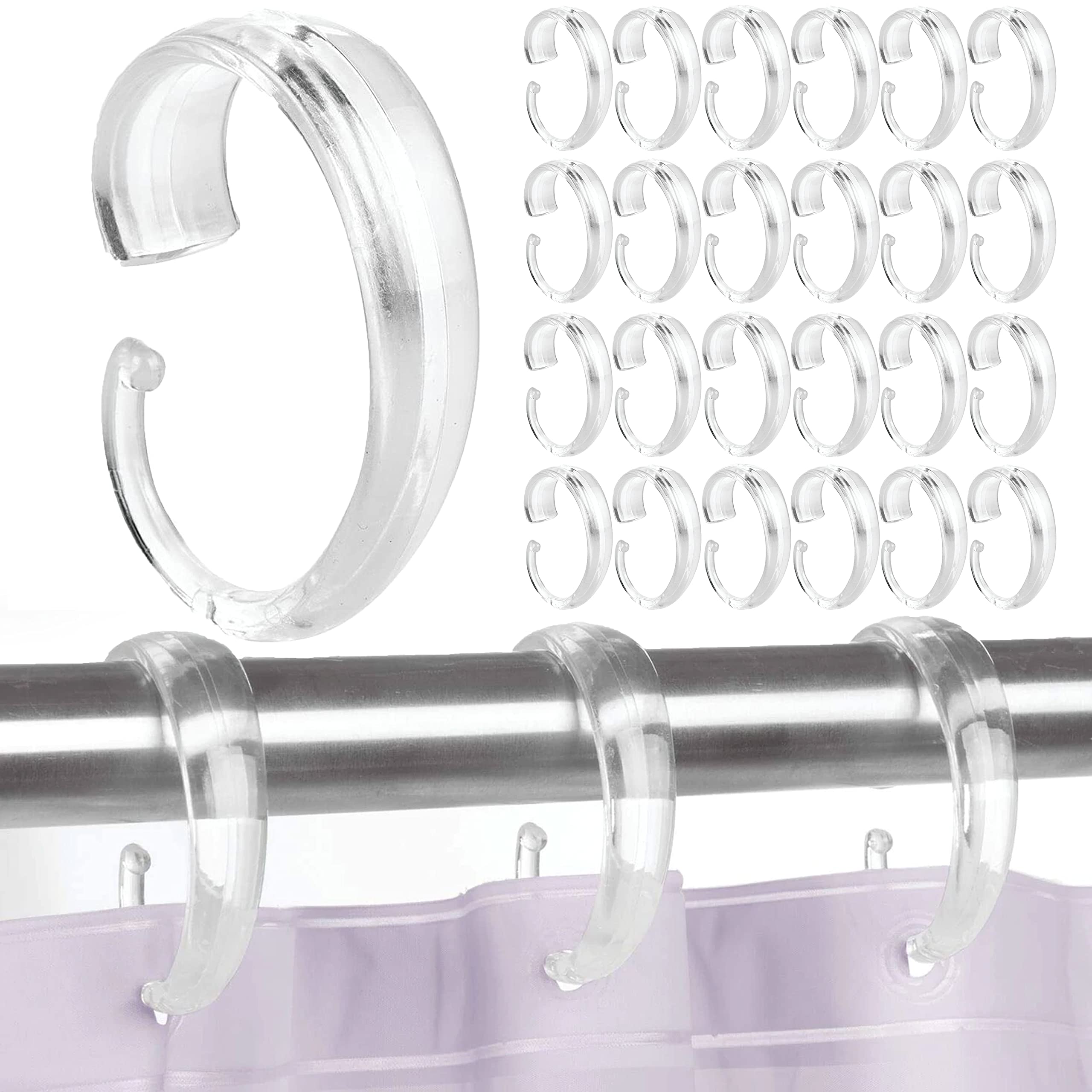 24 Pc Heavy Duty Plastic Shower Curtain Rings Clear Hooks Type C Shaped Rod Bath