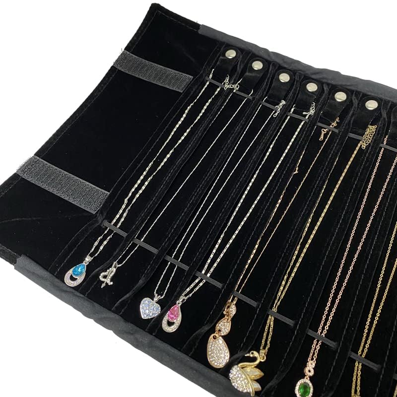 SCIKHEFT Portable Jewelry Roll Untangled Secure Necklace Travel Storage Bag Displays Holder 16 Chain (black PU and velvet)