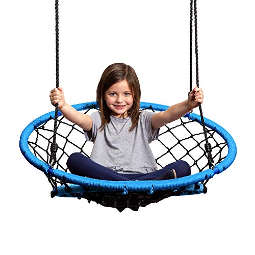 JumpOff Jo โ Little Joโs Web Chair Swing โ 35 Inch Diameter Indoor & Outdoor Round Net Swing for Adults and Kids Ages 6+ - Hang from Swing Set, Porch, Tree, or Inside โ 300 lbs Capacity - Blue