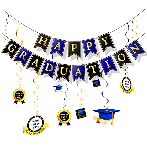 Graduation Party Decorations 2022, Happy Graduation Banner Garland Photo Backdrop Streamer and Blue graduation Cap, Proud of You Hanging Swirls for Ceiling Home Classroom