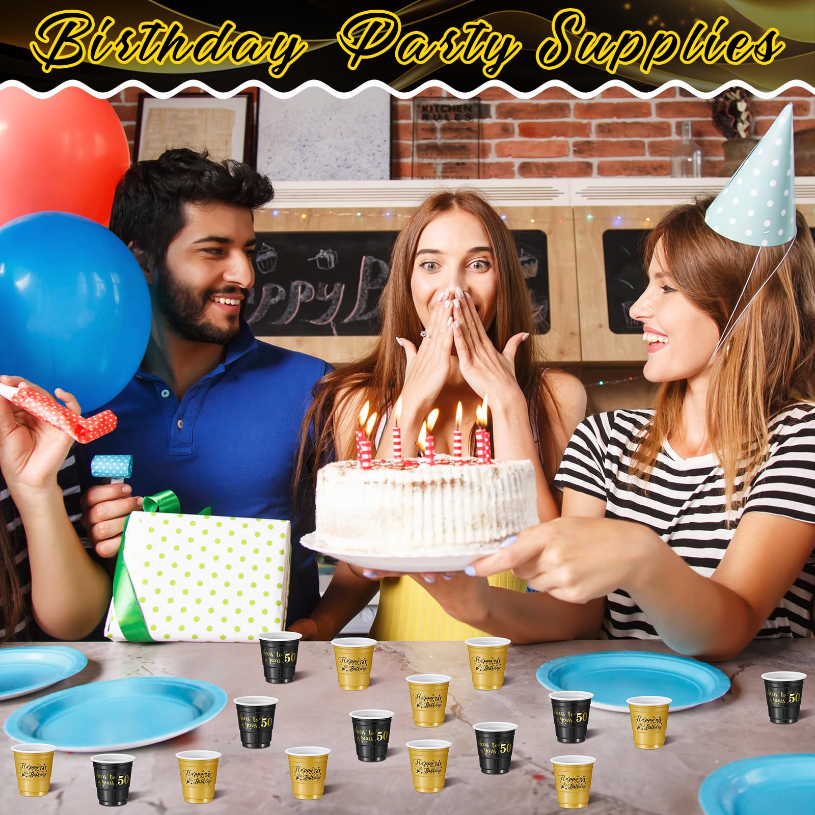 Ziliny 100 Pcs 50th Birthday Plastic Shot Glasses 2 oz Disposable Cups Bulk for Women Men Anniversary Wedding Party Decorations Favors