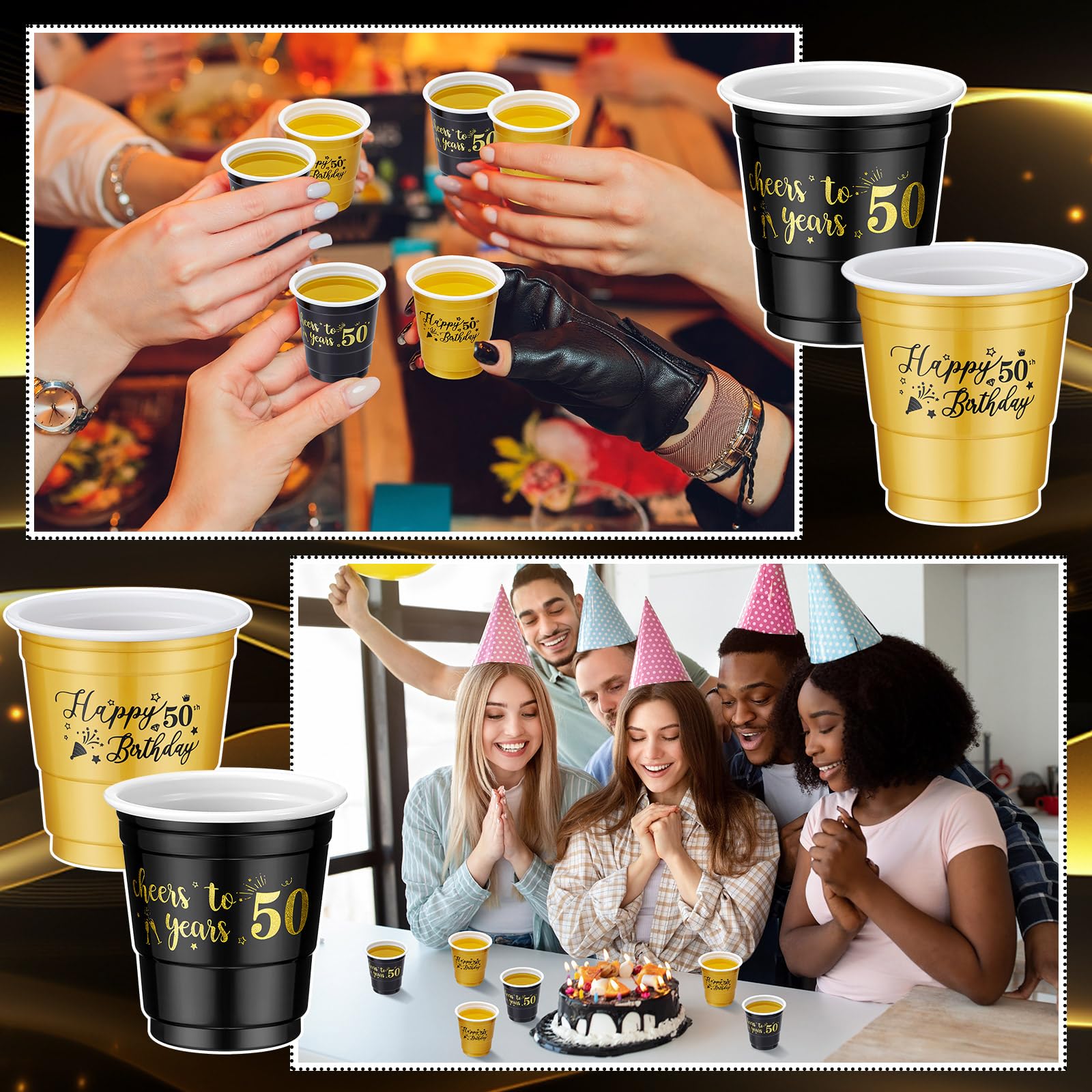 Ziliny 100 Pcs 50th Birthday Plastic Shot Glasses 2 oz Disposable Cups Bulk for Women Men Anniversary Wedding Party Decorations Favors
