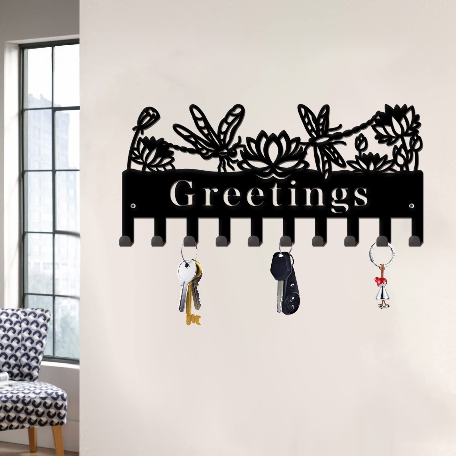 INFUNLY Key Hook for Wall Metal Key Hanger Hook 10 Hooks Dragonflies and Lotus Key Organizer Rack Wall Mounted Hanger for Keys Scarves Pet Leashes Entryway Front Door Kitchen Hallway