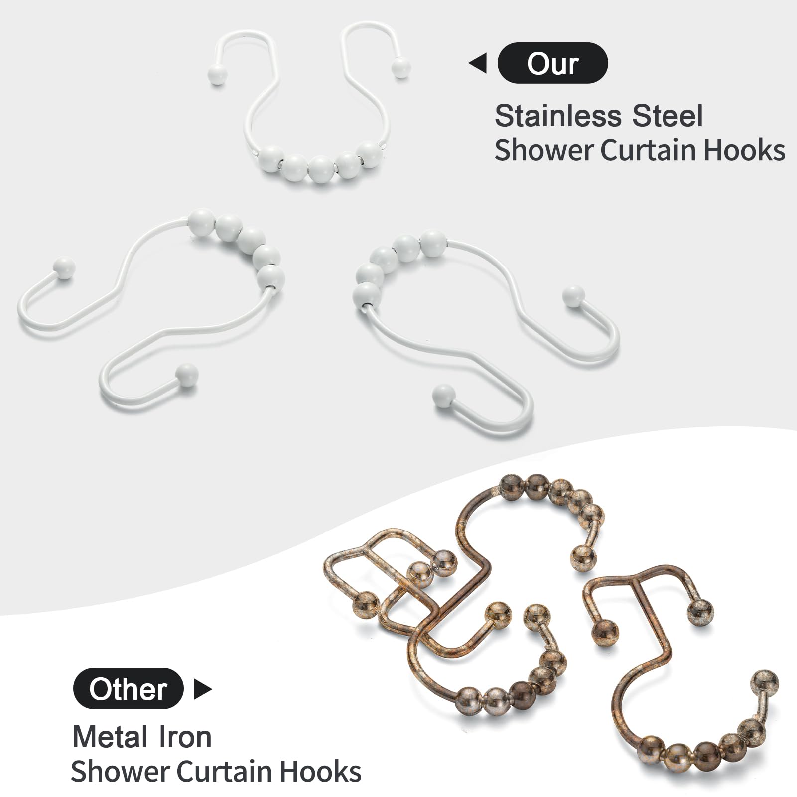 Goowin Shower Curtain Hooks, 12 Pcs Shower Curtain Rings, Stainless Steel Shower Curtain Hooks Rings Rust Proof, Smooth Sliding Anti-Drop Double Shower Hooks for Shower Curtain, Rods (White)
