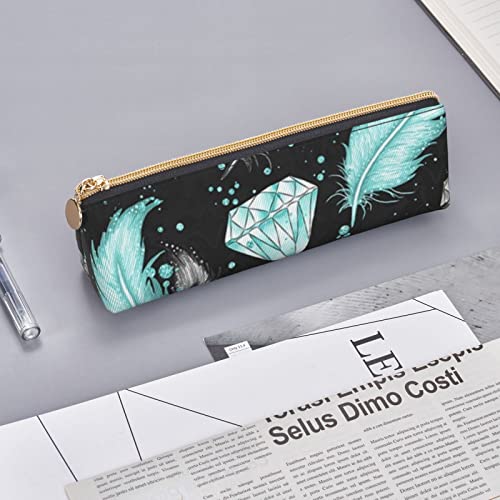 Pearls Diamonds And Feathers Pencil Case Portable Pen Pouch With Zipper Leather Pencil Bag Storage Box Stationery Organizer For Office Work