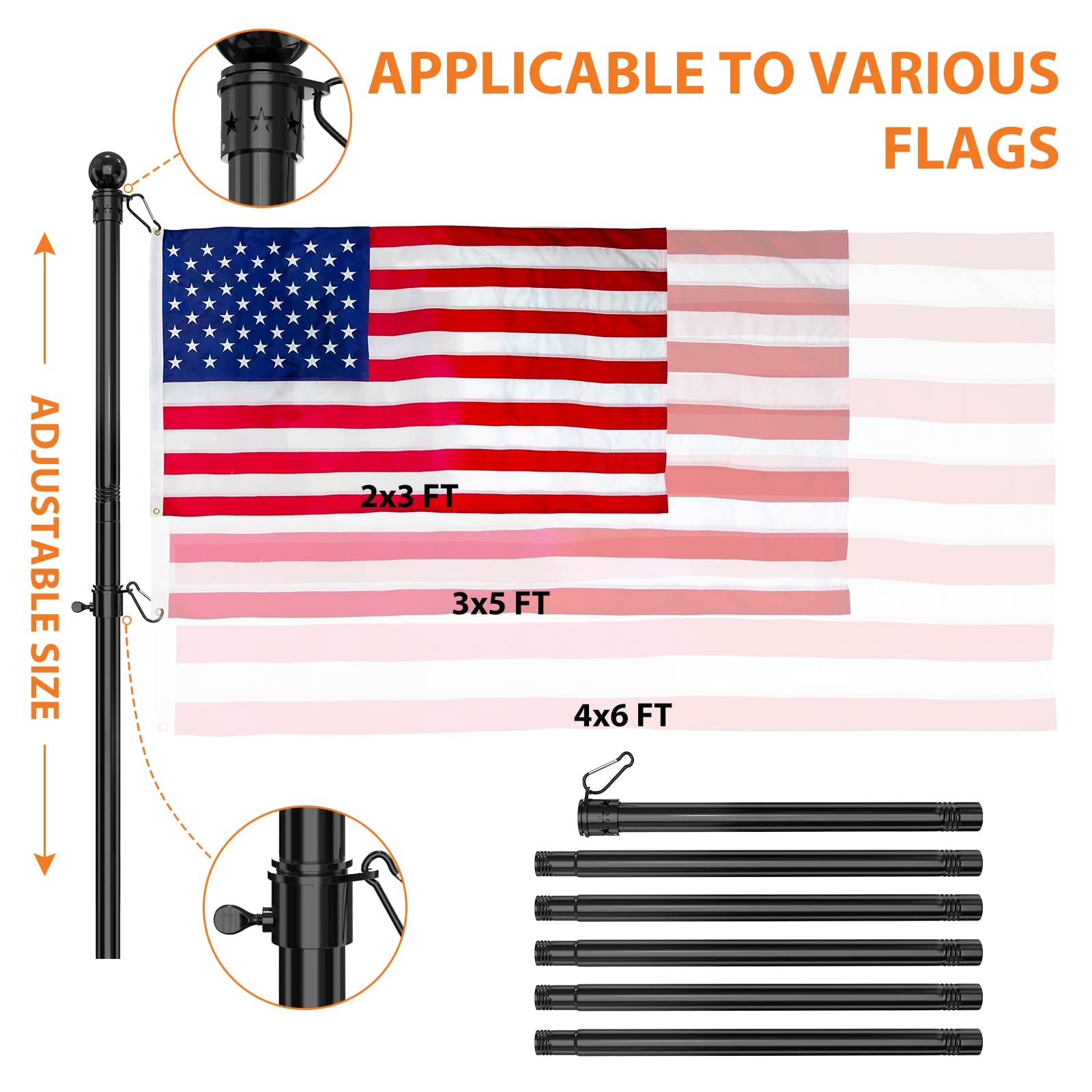 YeYeBest Flag Pole, 6 FT-2PACK Flag Pole Kit for House, 2 No-Tangle Rings Clips, Flag Holder Bracket, Stainless Steel, Black