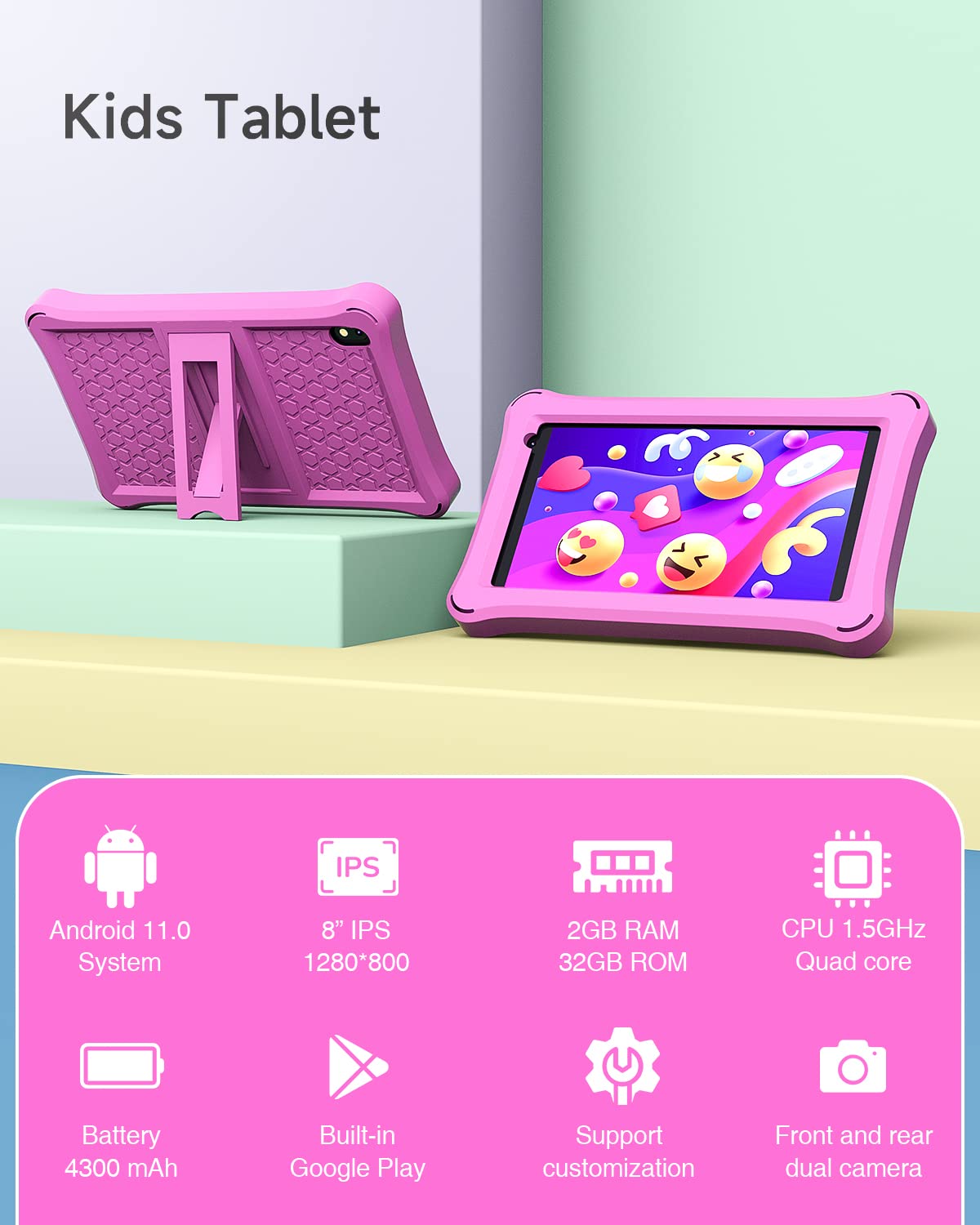 Kids Tablet, 8 inch Tablet for Kids, 2GB RAM 32GB ROM Android Tablets IPS Screen 1280x800, Iwawa & Parent Control Toddler Tablet, WiFi, Dual Camera, 4300mAh Battery, Shockproof Case, Pink