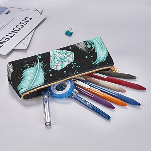 Pearls Diamonds And Feathers Pencil Case Portable Pen Pouch With Zipper Leather Pencil Bag Storage Box Stationery Organizer For Office Work