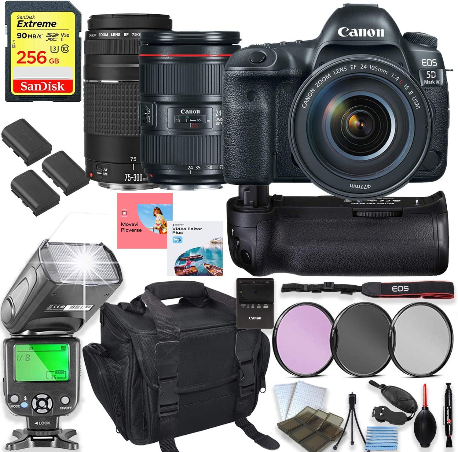 Canon EOS 5D Mark IV DSLR Camera with 24-105mm f/4L II Lens Kit + 75-300 III Lens + 256GB Sandisk Memory, TTL Speedlight Flash, Power Grip + Special Software Package Bundle (Renewed)
