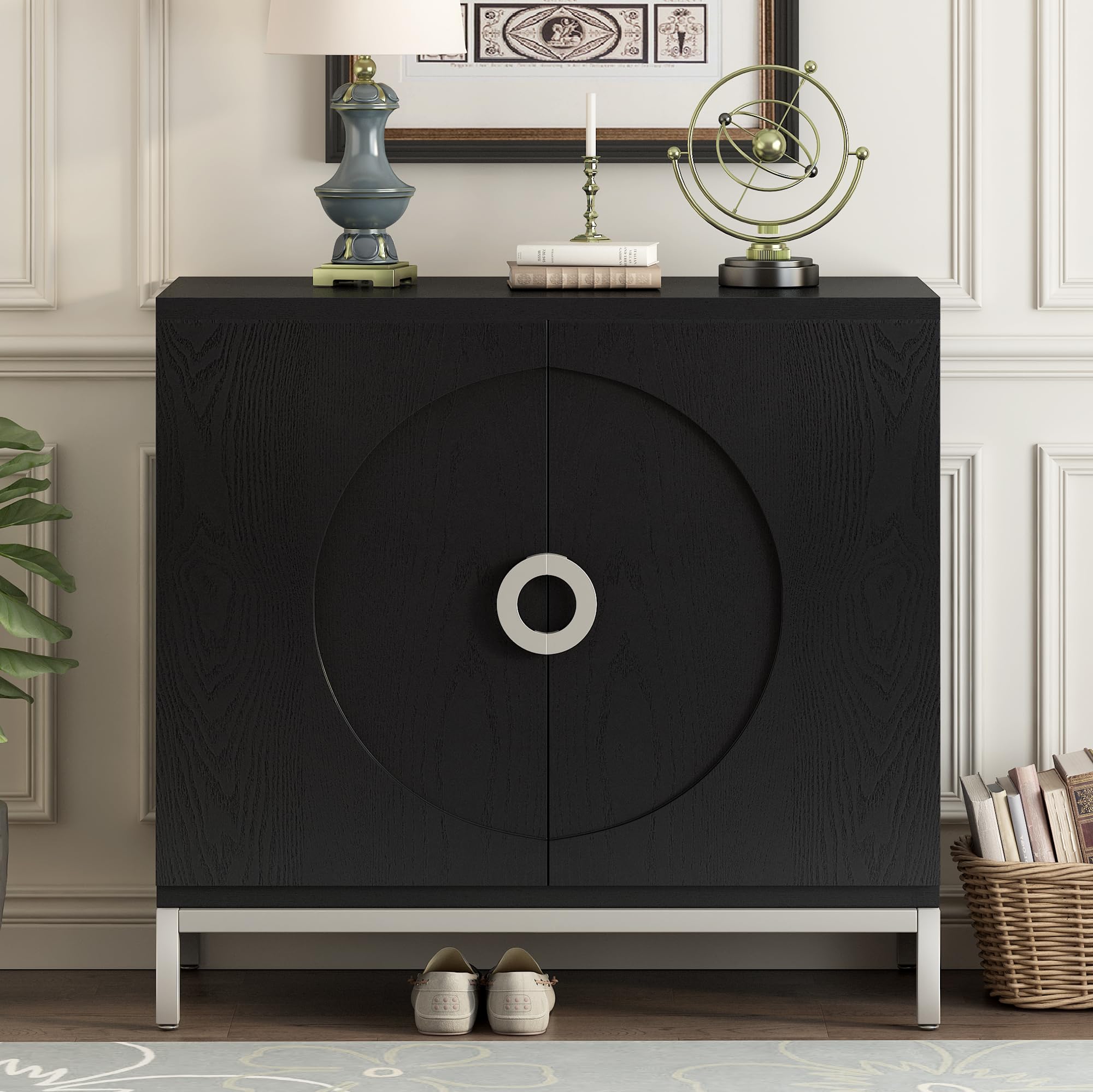 Knocbel Storage Cabinet with Solid Wood Veneer and Metal Leg, Accent Console Side Table with Adjustable Shelves Circular Door and Handles for Living Room, Entryway, 34" W x 15.5" D x 31.9" H, Black