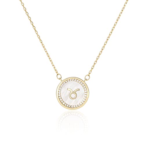Gold Zodiac Sign Pendant Necklace, 14K Gold Plated Faux Fritillaria Cubic Zirconia 12 Constellation Necklace Jewelry Birthday Gifts for Women, (Taurus Apr 20-May 20)