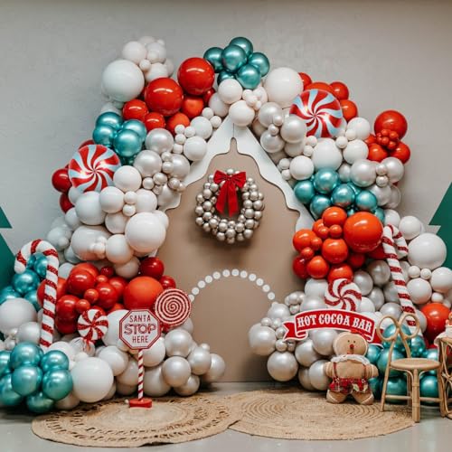 Enanal Christmas Balloon Garland Arch Kit, 166pcs Double-Stuffed Pearl White Dusk White Red Chrome Green Balloons with Candy Foil Balloon for Christmas Party Supplies Xmas Home Decoration (Red&White)