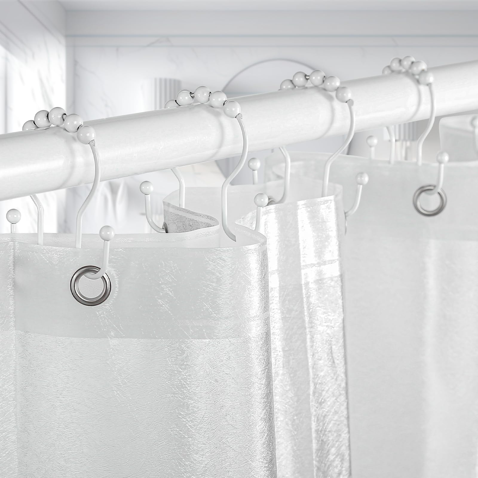 Goowin Shower Curtain Hooks, 12 Pcs Shower Curtain Rings, Stainless Steel Shower Curtain Hooks Rings Rust Proof, Smooth Sliding Anti-Drop Double Shower Hooks for Shower Curtain, Rods (White)