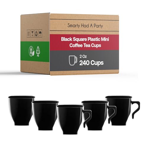 Smarty Had A Party 2 oz Black Plastic Tea Cups with Handles Set of 240 Disposable Mugs for Tea Parties, Espresso, and Coffee, Elegant Small Drinkware for Events