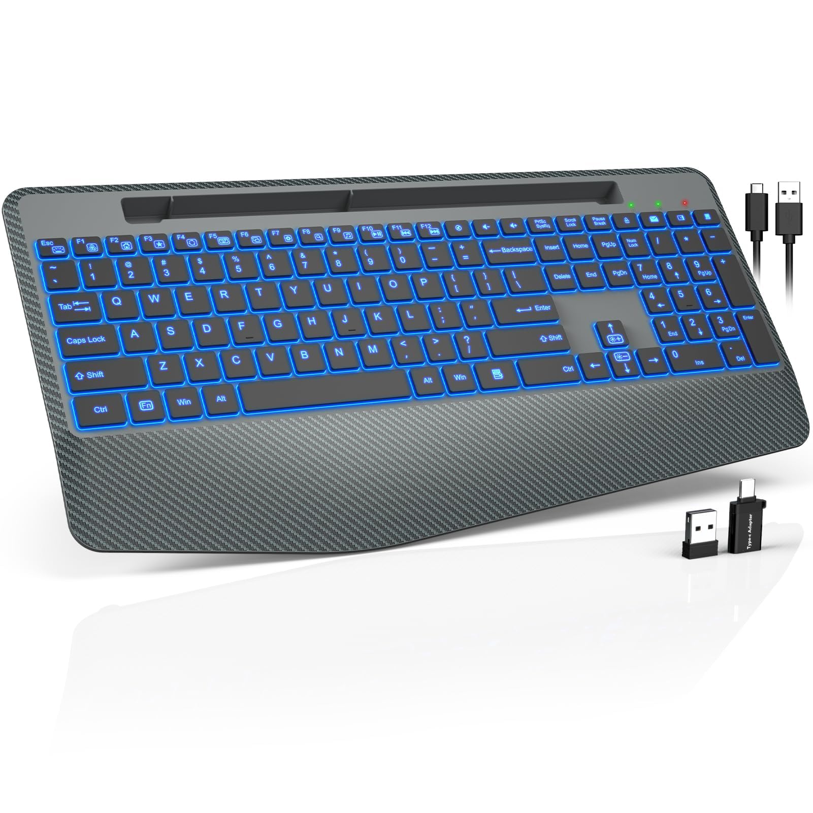 Trueque Wireless Keyboard with 7 Colored Backlits, Wrist Rest, Phone Holder, Rechargeable Ergonomic Computer Silent Keys, Full Size Lighted for Windows, MacBook, PC, Laptop (Gray), Grey