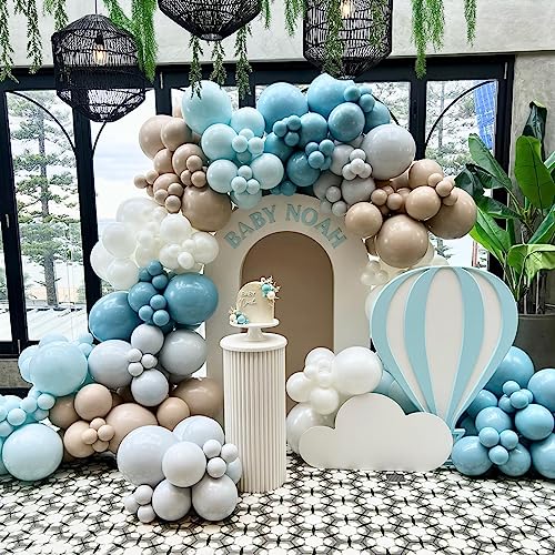 Blue Brown Balloon Arch Garland Kit for Baby Shower Bear Decorations, 153PCS Double Stuffed Grey Dusty Blue Balloons for Gender Reveal Boho Neutral Bridal Wedding Boys Birthday Party Supplies