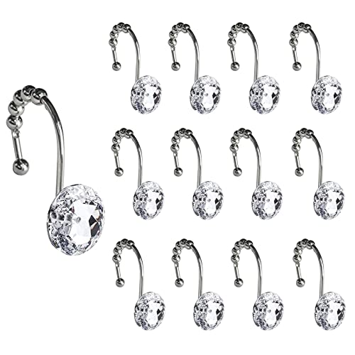 Decorative Shower Curtain Hooks Rings for Bathroom Bathtubs Home Door Window Decor Bling Acrylic Rhinestone Crystal Diamond, Anti Rust (with Glide Ball)