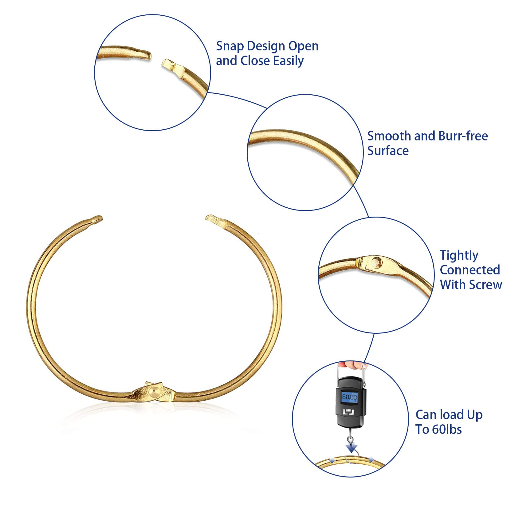 24 Pack Shower Curtain Rings,Rust Proof Shower Curtain Hooks for Bathroom,Circular Decorative Shower Curtain Rings and Hooks for Shower Rod,Metal Rings for Shower Curtain,Loose Leaf Rings(Gold)