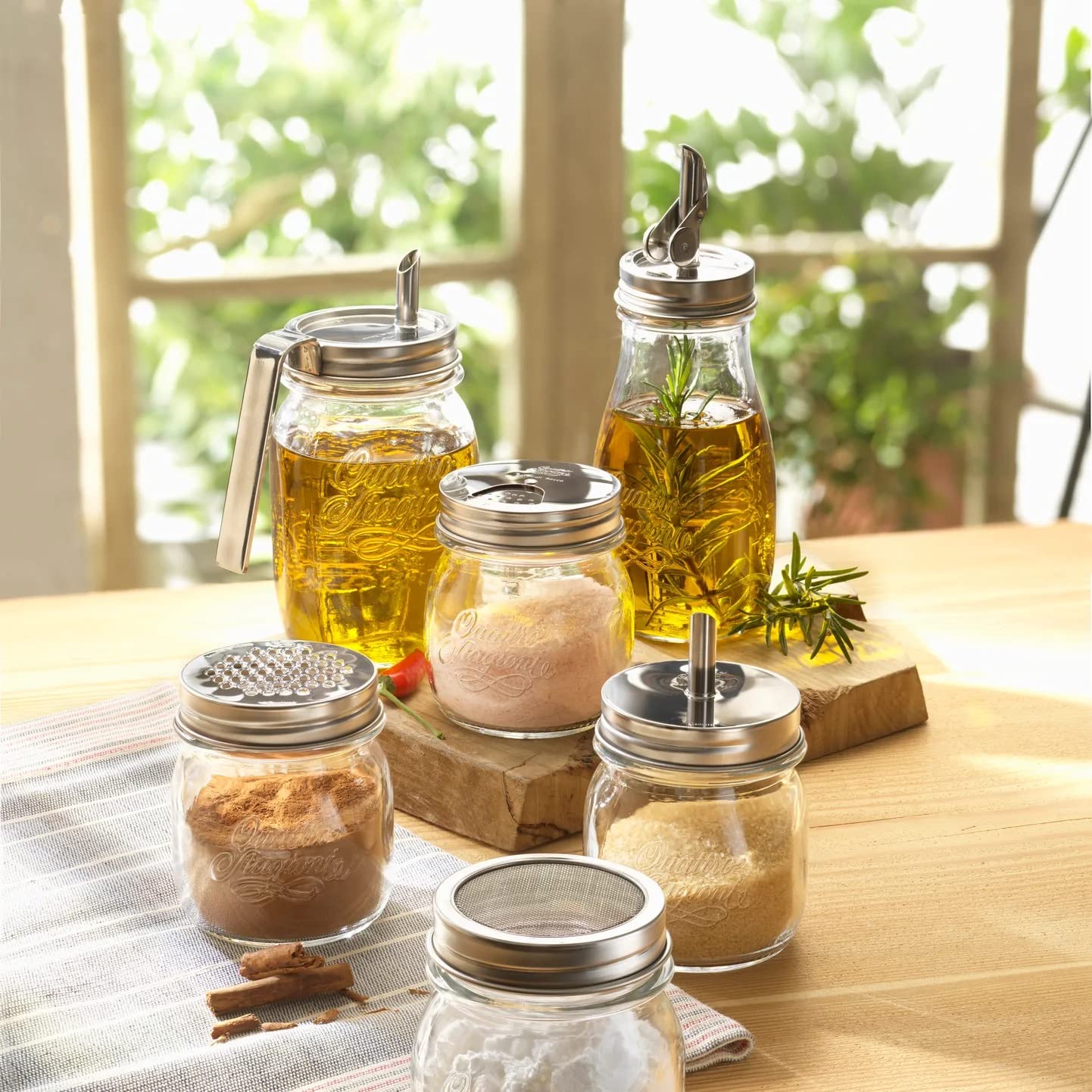 Bormioli Rocco Quattro Stagioni Set Of 2 Mason Jars, Stainless Steel Mesh Lid Sprouting Strainer - Sifter - Sieve Lid, 8.5 Oz. Durable Glass, Made In Italy.