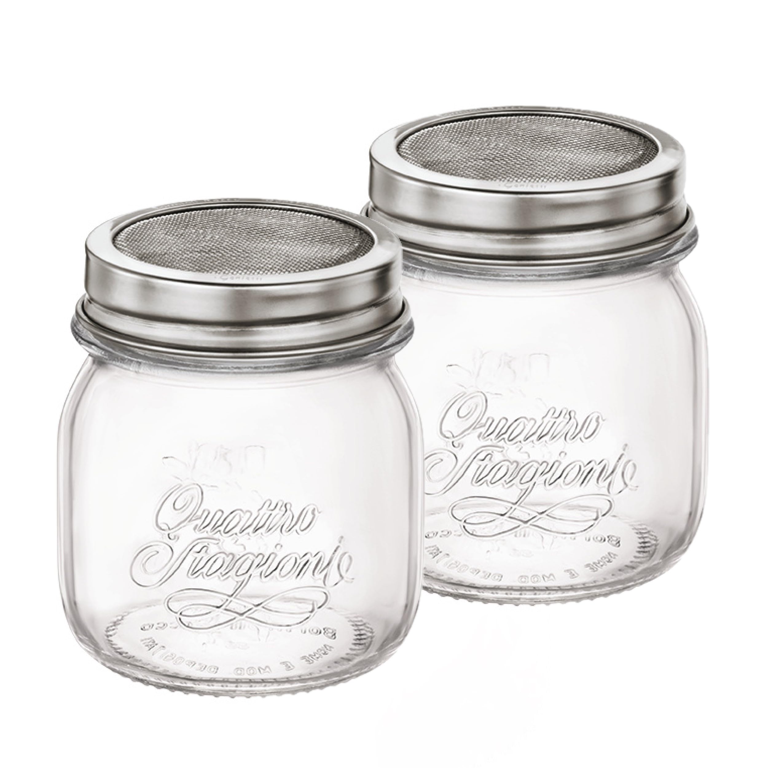 Bormioli Rocco Quattro Stagioni Set Of 2 Mason Jars, Stainless Steel Mesh Lid Sprouting Strainer - Sifter - Sieve Lid, 8.5 Oz. Durable Glass, Made In Italy.