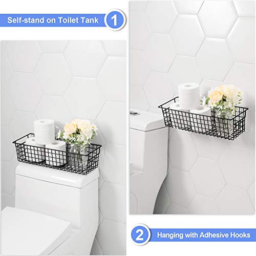 VITVITI Toilet Paper Holder with Handle, Metal Wire Basket Storage Organizer, for Bathroom/Wall Mounted/Toilet Tank, Set of 2, Black
