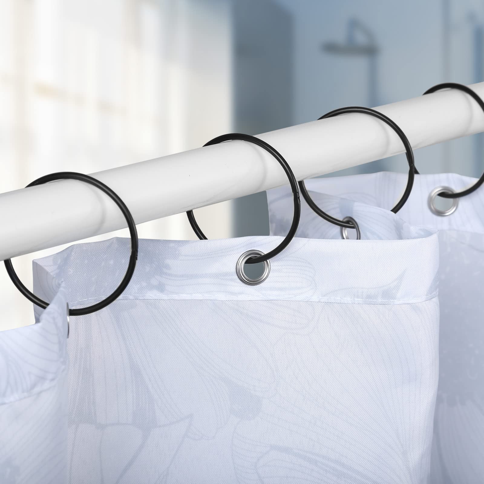 Shower Curtain Hooks, 12 Pcs Shower Curtain Rings, Round Snap Black Shower Curtain Rings, Decorative Metal Rustproof Shower Curtain Rings, Glide Smoothly Shower Rings for Curtain (Black)