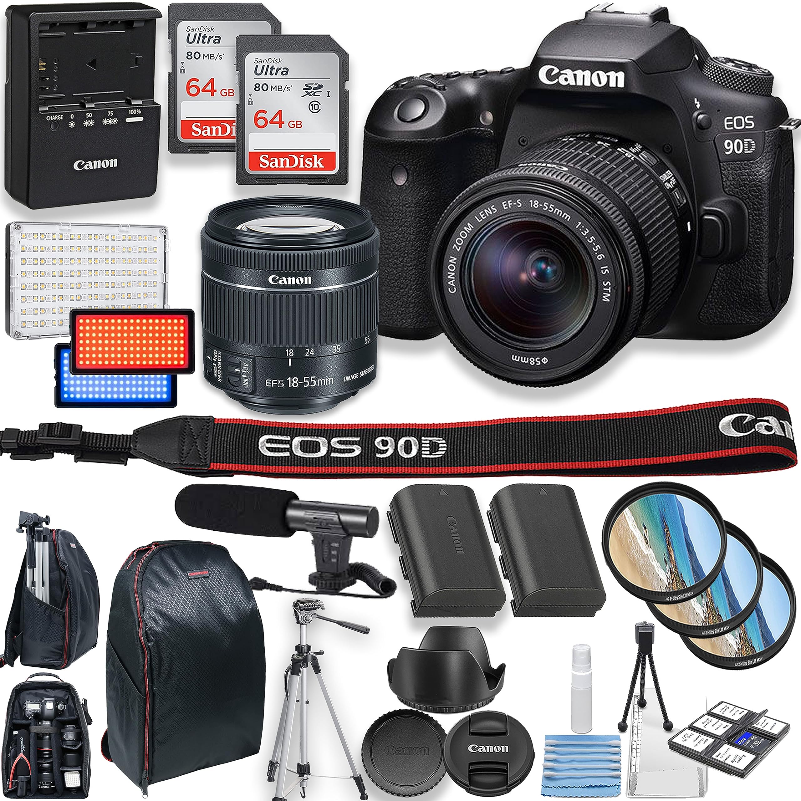 Canon EOS 90D DSLR Camera with EF-S 18-55mm f/4-5.6 is STM Lens + 2pc 64GB Memory Cards + LED Video Light + Backpack Case + Microphone & More
