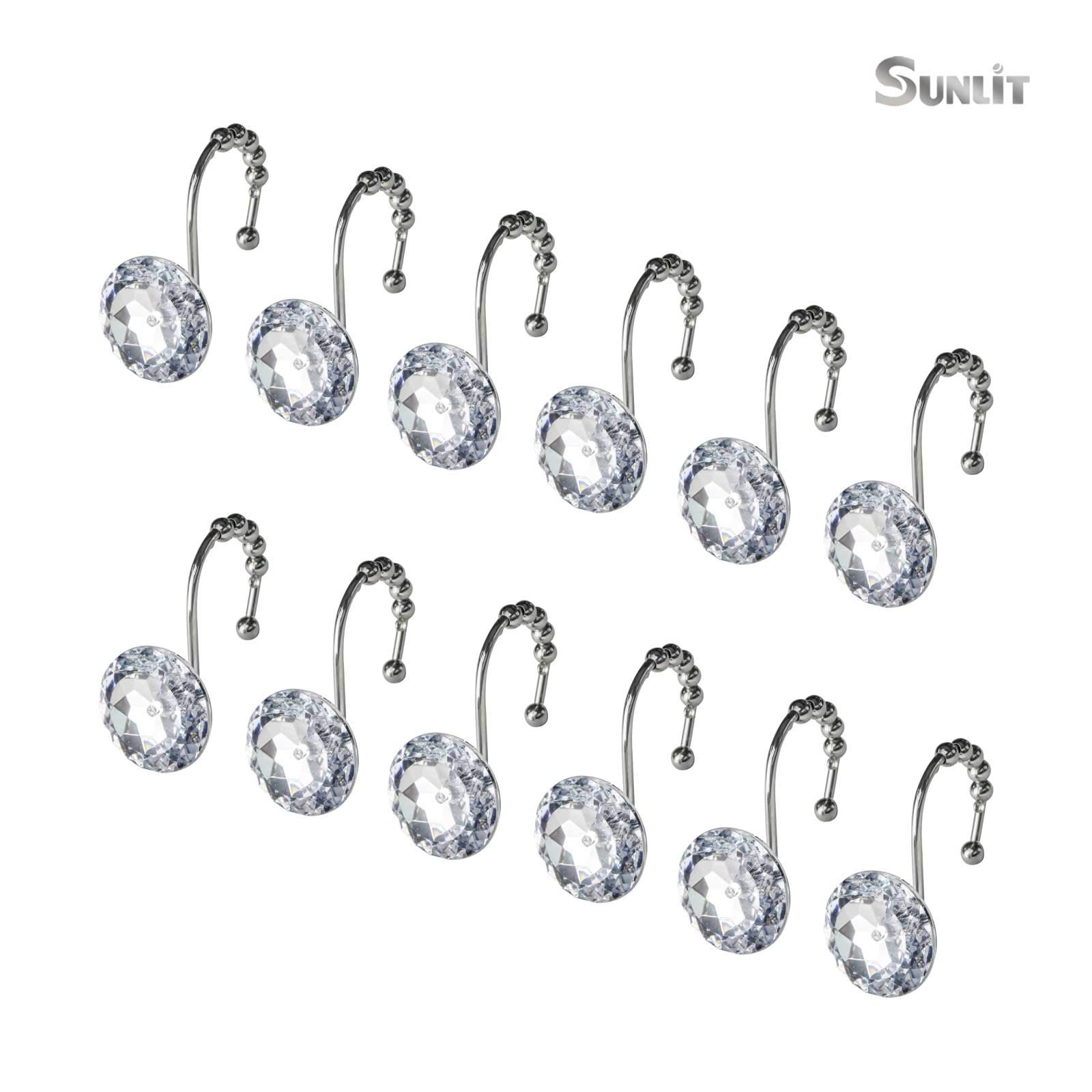 Sunlit Luxury Design Round Clear Diamond Crystal Gem Bling with Glide Balls Shower Curtain Hooks, Rust Proof Metal Rhinestones Glam Shower Curtain Rings-12 Pack