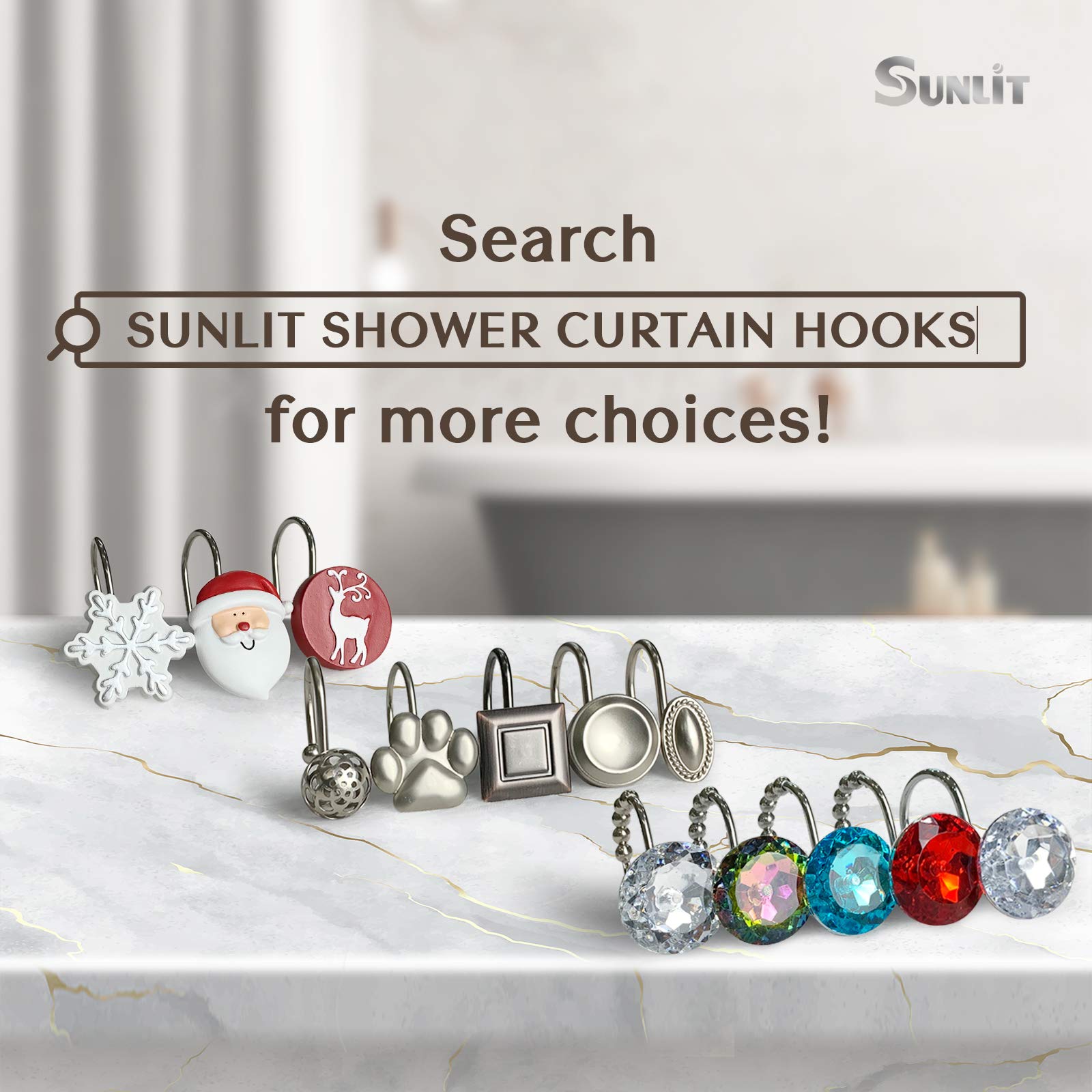 Sunlit Luxury Design Round Clear Diamond Crystal Gem Bling with Glide Balls Shower Curtain Hooks, Rust Proof Metal Rhinestones Glam Shower Curtain Rings-12 Pack