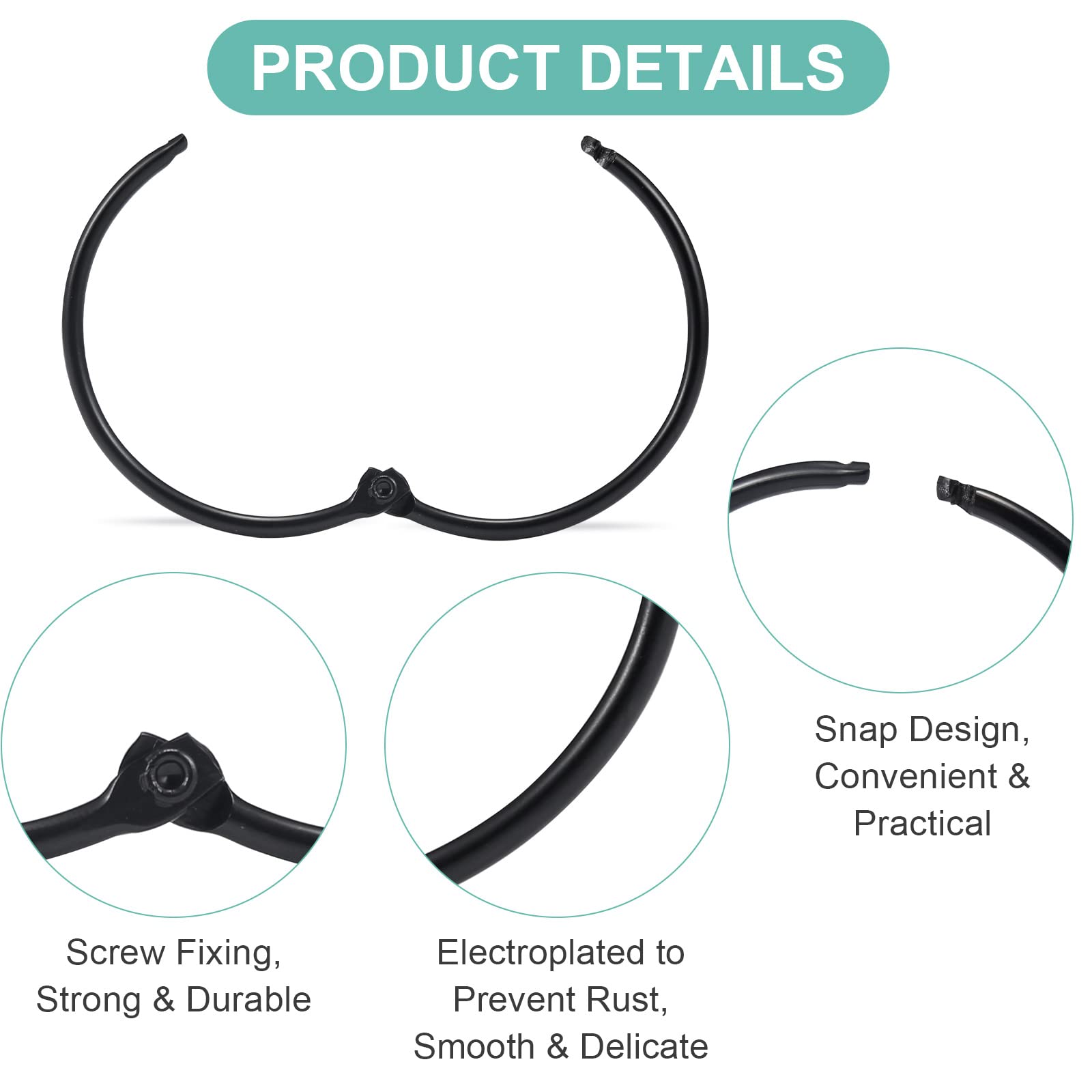 Shower Curtain Hooks, 12 Pcs Shower Curtain Rings, Round Snap Black Shower Curtain Rings, Decorative Metal Rustproof Shower Curtain Rings, Glide Smoothly Shower Rings for Curtain (Black)