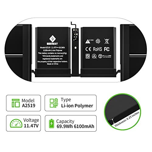 A2442 Battery, Egoway A2519 Replacement Laptop Battery for MacBook Pro 14 inch (Late 2021), Easy-to-Install Replacement Battery A2442 with Tools, EMC3650 [11.47V/6100mAh]