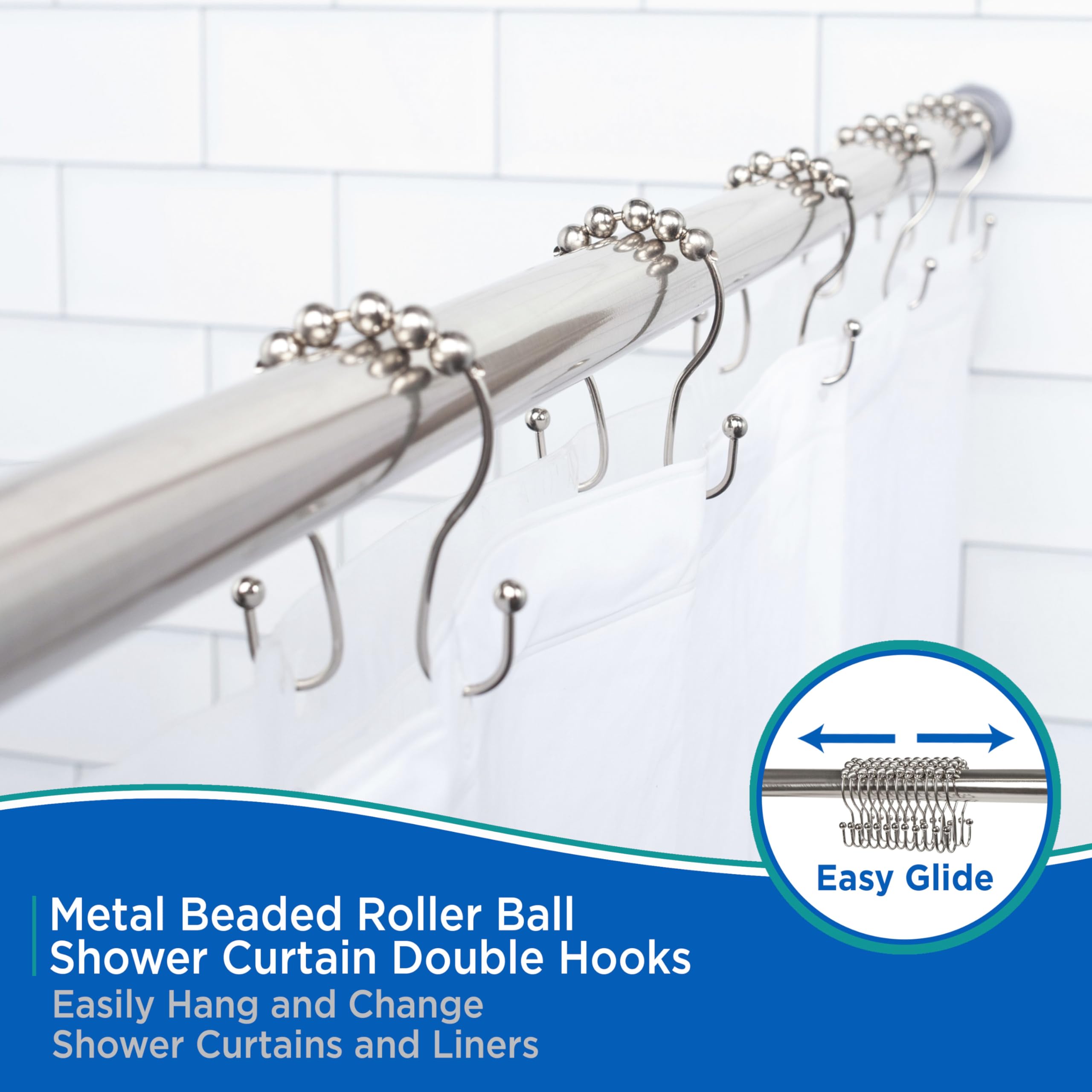 Kenney KN67120 Rust-Resistant Gliding Metal Beaded Shower Curtain Rings with Double Hanging Hooks for Shower Curtain and Standard Shower Curtain Rod, Bathroom Use, Easy to Install, 12-Pack, Nickel