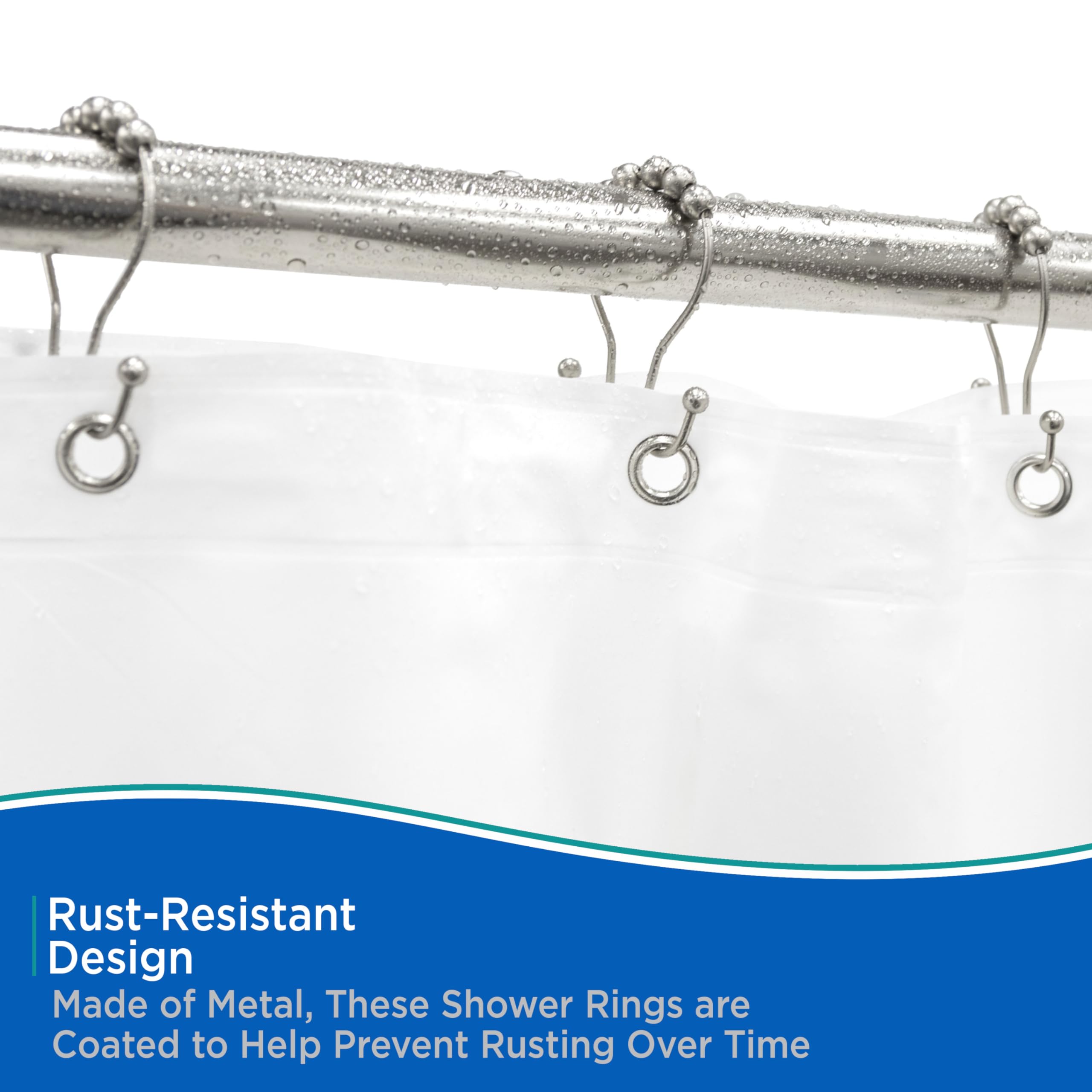 Kenney KN67120 Rust-Resistant Gliding Metal Beaded Shower Curtain Rings with Double Hanging Hooks for Shower Curtain and Standard Shower Curtain Rod, Bathroom Use, Easy to Install, 12-Pack, Nickel