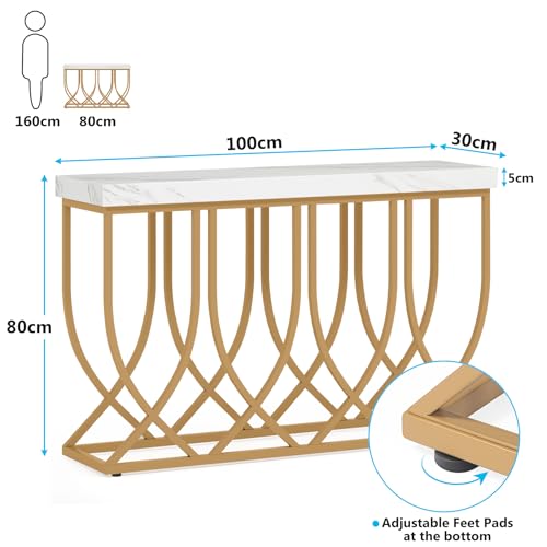 Tribesigns Gold Console Table, Modern Faux Marble Veneer Entryway Foyer Table, 39.4” Narrow Sofa Accent Table with Geometric Metal Legs for Living Room, Hallway, Entrance, White & Gold