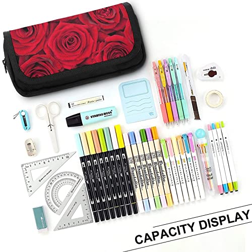 Beautiful Red Roses Pencil Case with Two Large Compartments Pocket Big Capacity Storage Pouch Pencil Bag for School Teen Adult