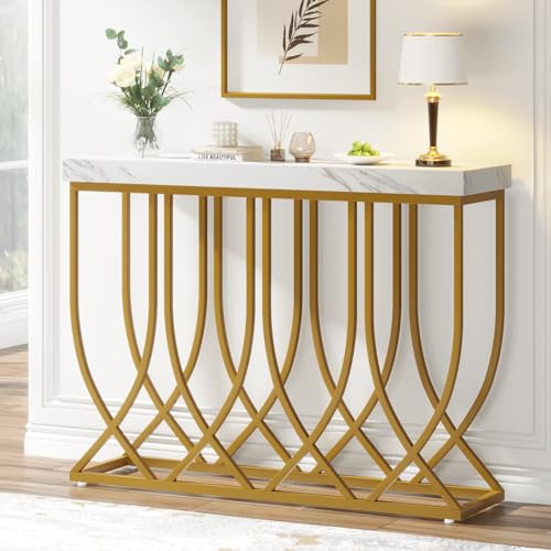 Tribesigns Gold Console Table, Modern Faux Marble Veneer Entryway Foyer Table, 39.4” Narrow Sofa Accent Table with Geometric Metal Legs for Living Room, Hallway, Entrance, White & Gold