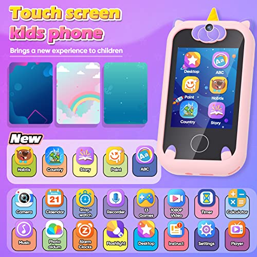 Lizzbey Unicorn Phone for Girls Age 3-8 - Touchscreen Learning Toy with Camera and 8G SD Card