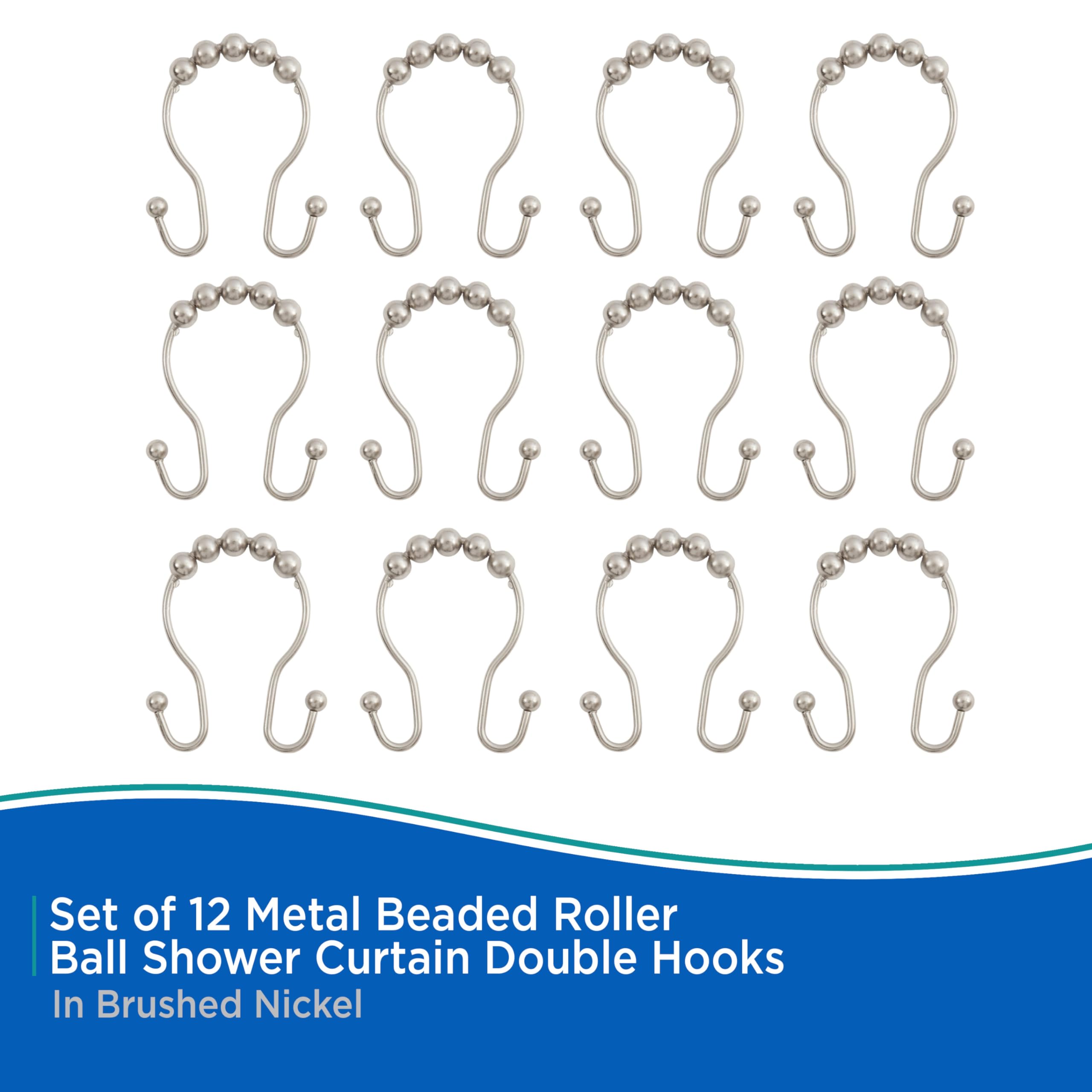 Kenney KN67120 Rust-Resistant Gliding Metal Beaded Shower Curtain Rings with Double Hanging Hooks for Shower Curtain and Standard Shower Curtain Rod, Bathroom Use, Easy to Install, 12-Pack, Nickel