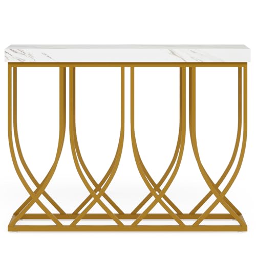 Tribesigns Gold Console Table, Modern Faux Marble Veneer Entryway Foyer Table, 39.4” Narrow Sofa Accent Table with Geometric Metal Legs for Living Room, Hallway, Entrance, White & Gold