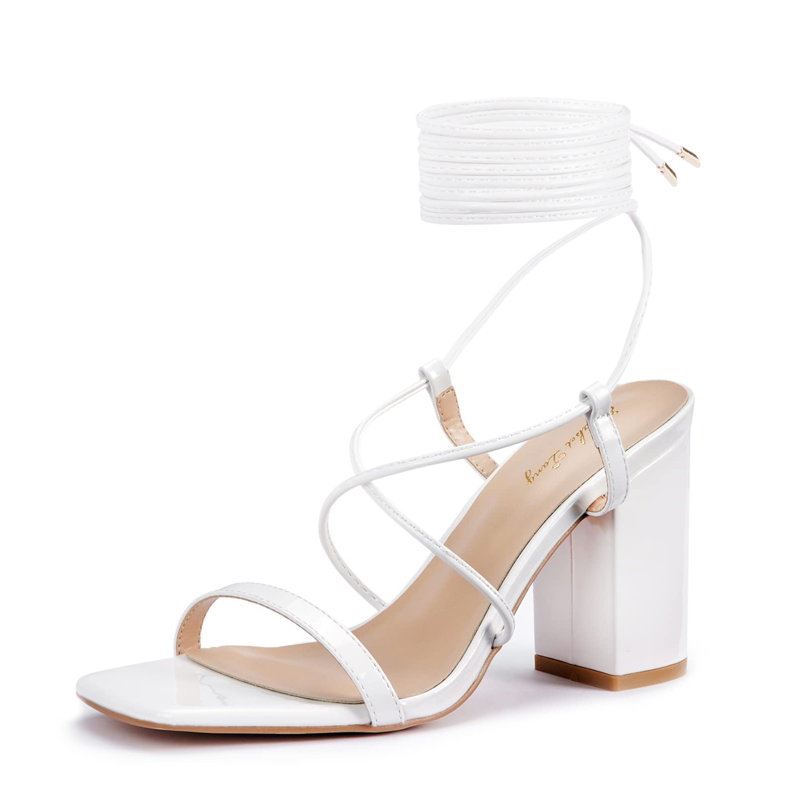 Elisabet Tang Women's Strappy Chunky Heels Sandals, Lace Up 3 inch Low Block Heels Ankle Wrap Heel Square Open Toe Tie Up Heeled Sandals Shoes White Size 8